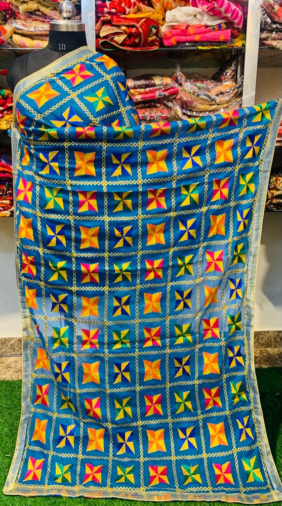Blue Color Simple Phulkari Dupatta – Valaika Design